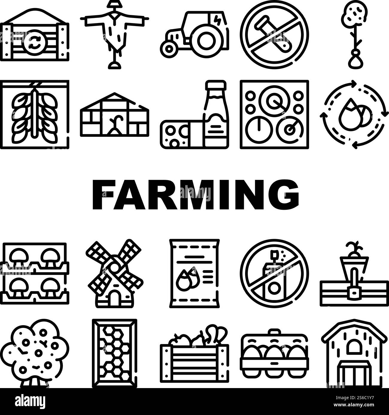 Organic Eco Farming Collection Icons Set Vector. Electrical Tractor And ...