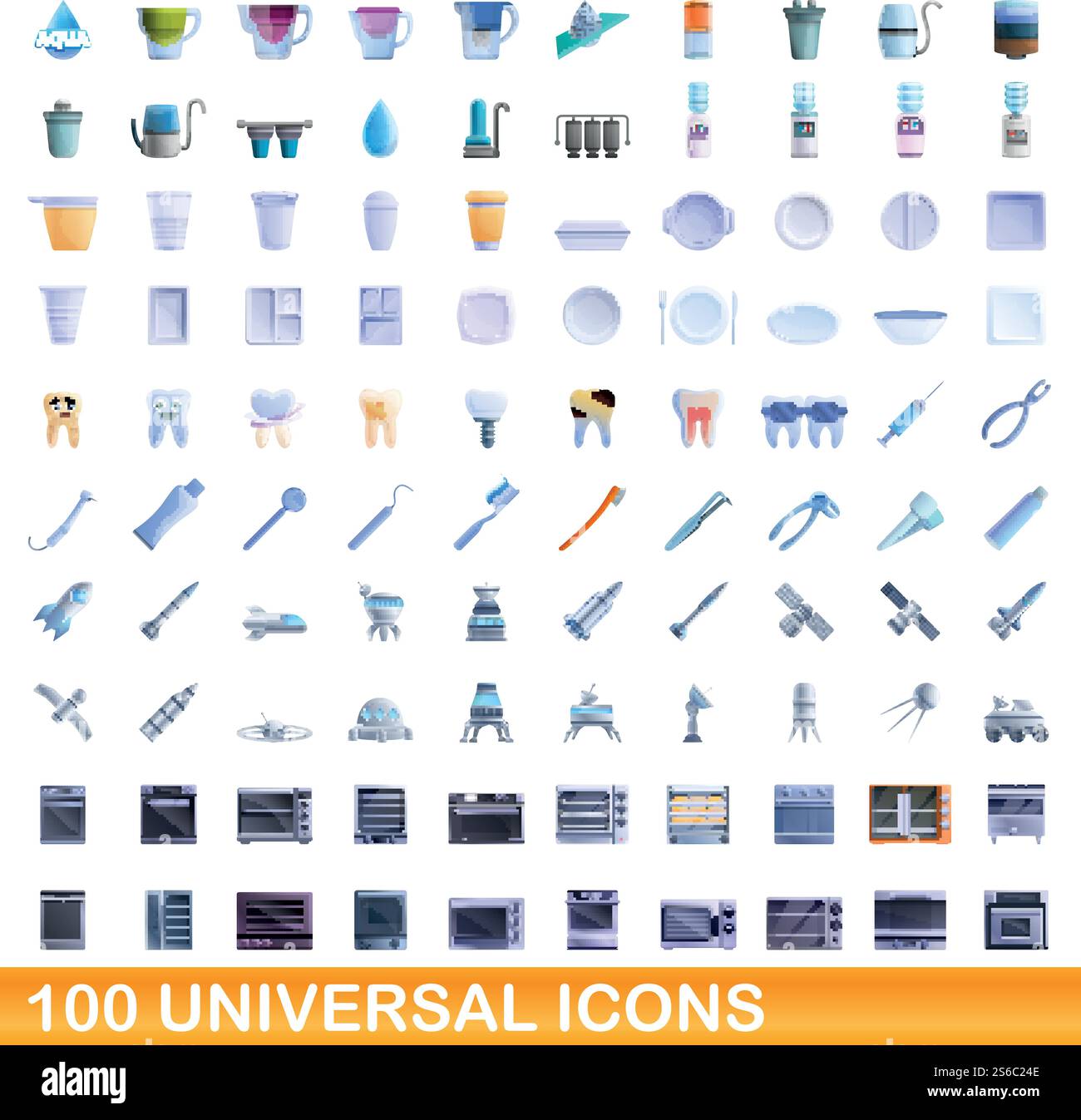 100 universal icons set. Cartoon illustration of 100 universal icons ...