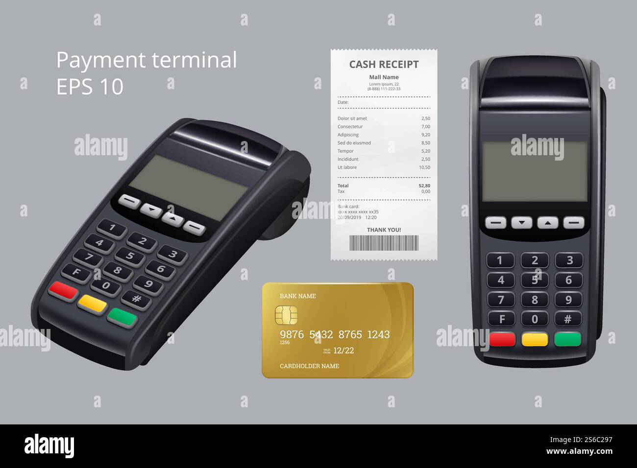 Payment terminal. Credit card termination machine nfc mobile payment receipt for goods vector ...