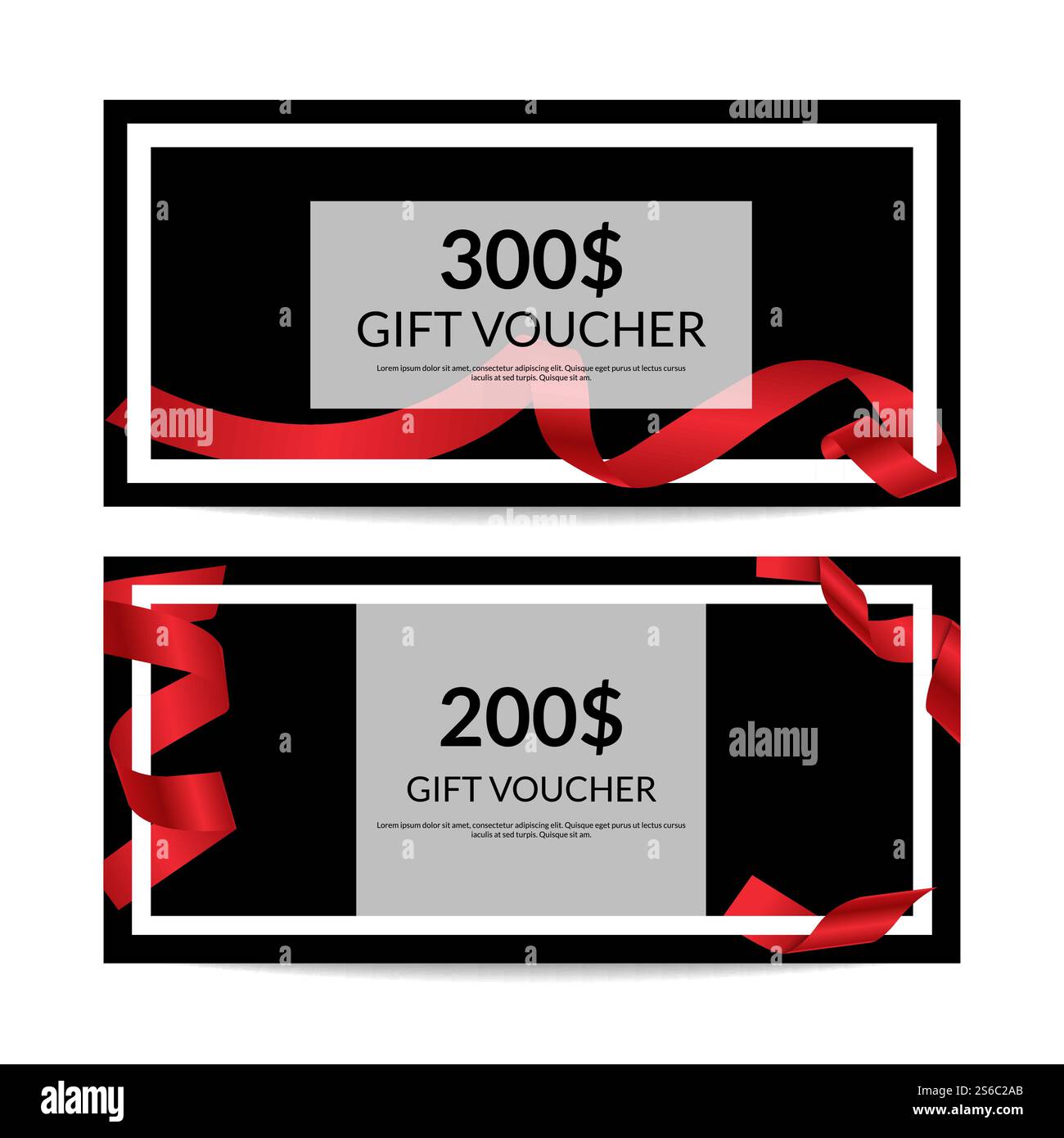 Gift voucher vector templates with red ribbon. Illustration of voucher ...