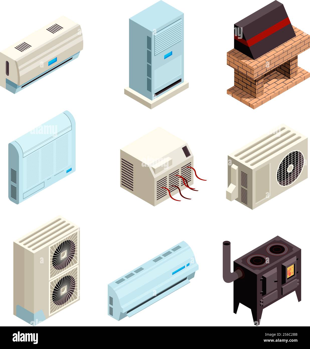 Air conditioner. Heating and cooling systems various types with compressors and pressure pipes ...