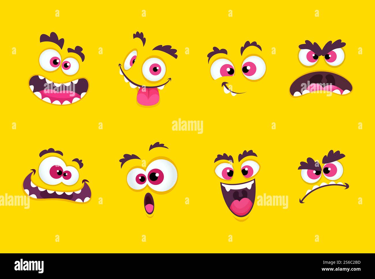 Cartoon faces. Emotions smirk expressions, smile mouth with teeth and ...