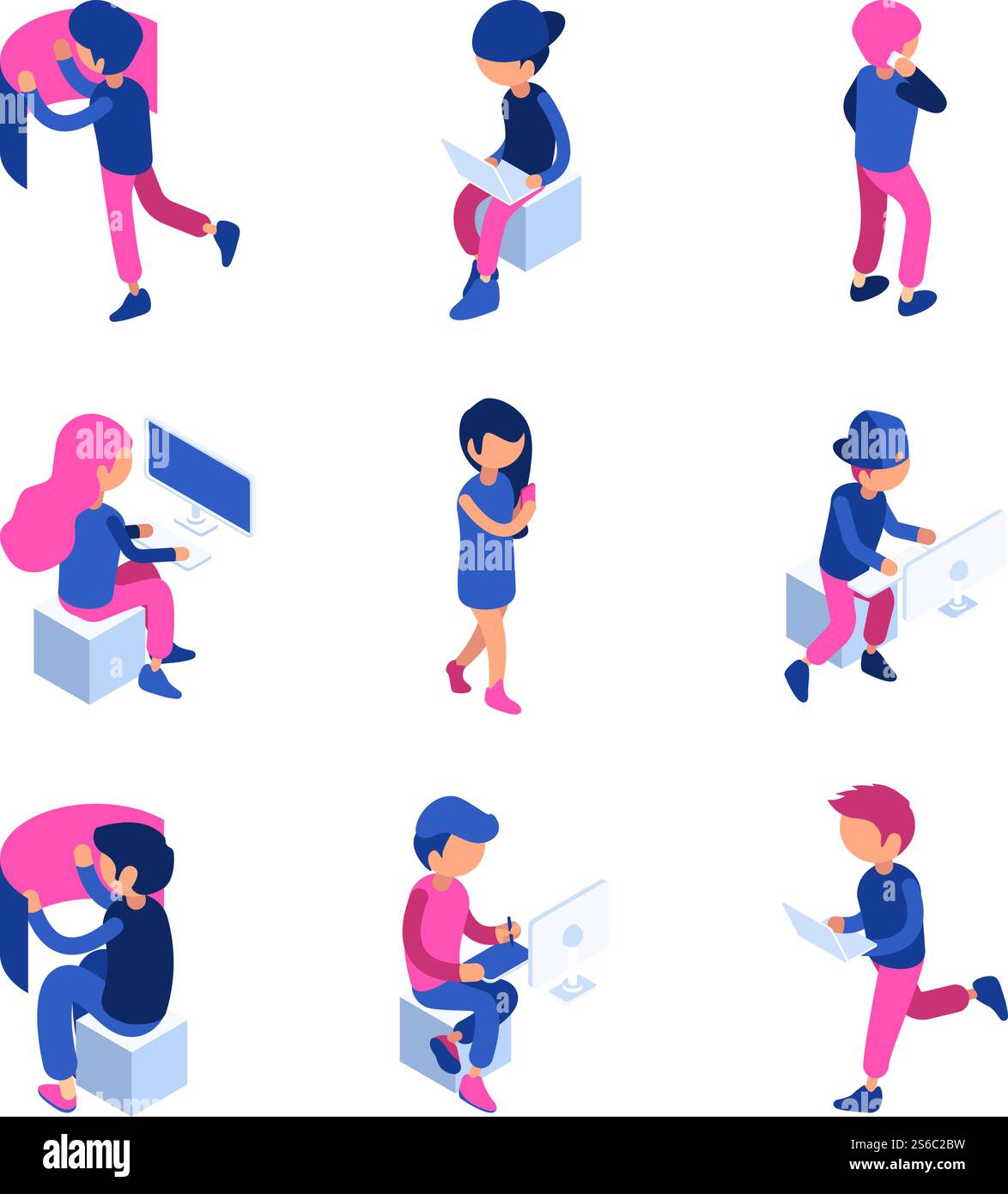 Isometric characters. Working people touching screen computer laptop ...