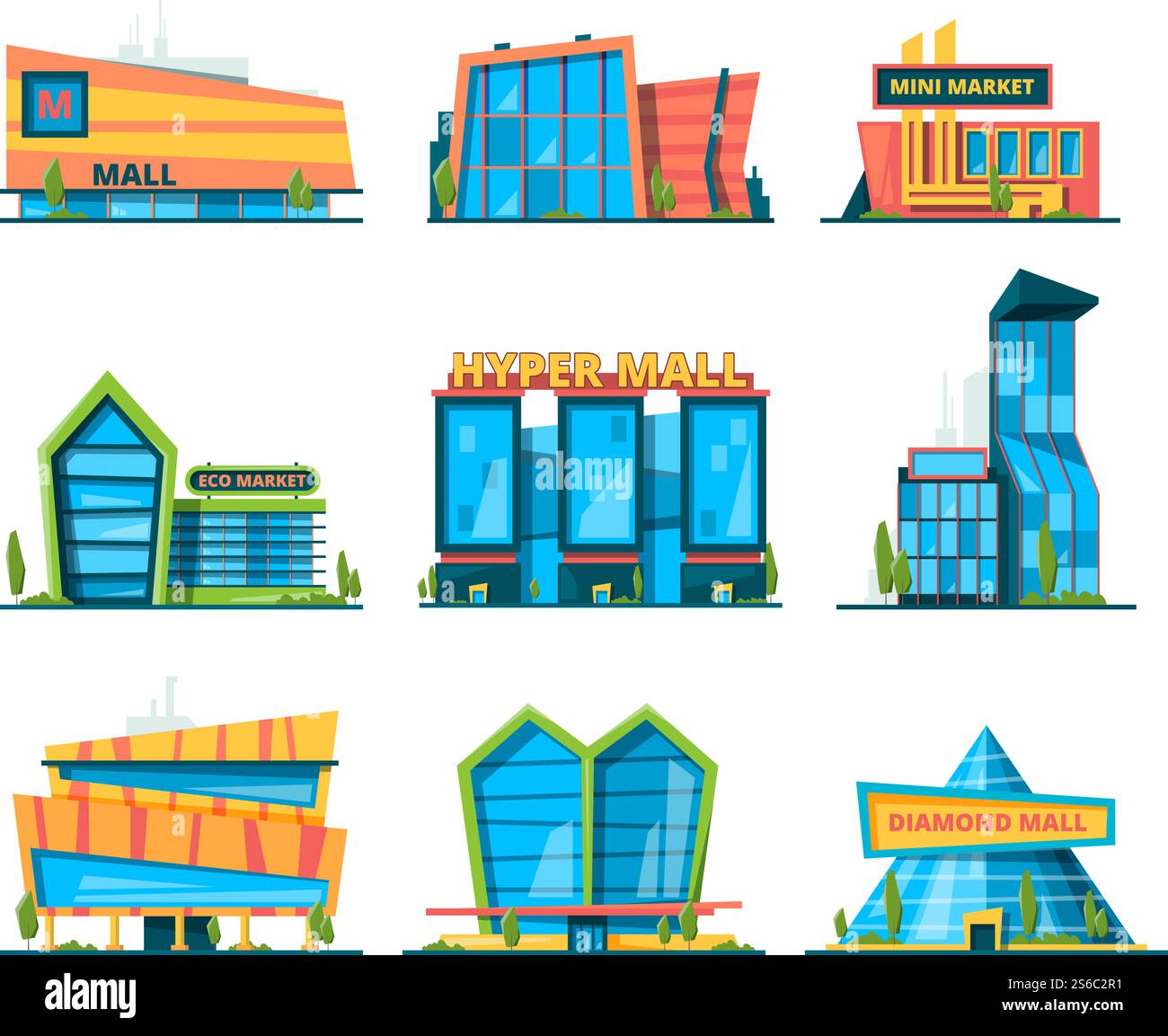 Hypermarket flat. Shopping building mall retail and distribution houses ...