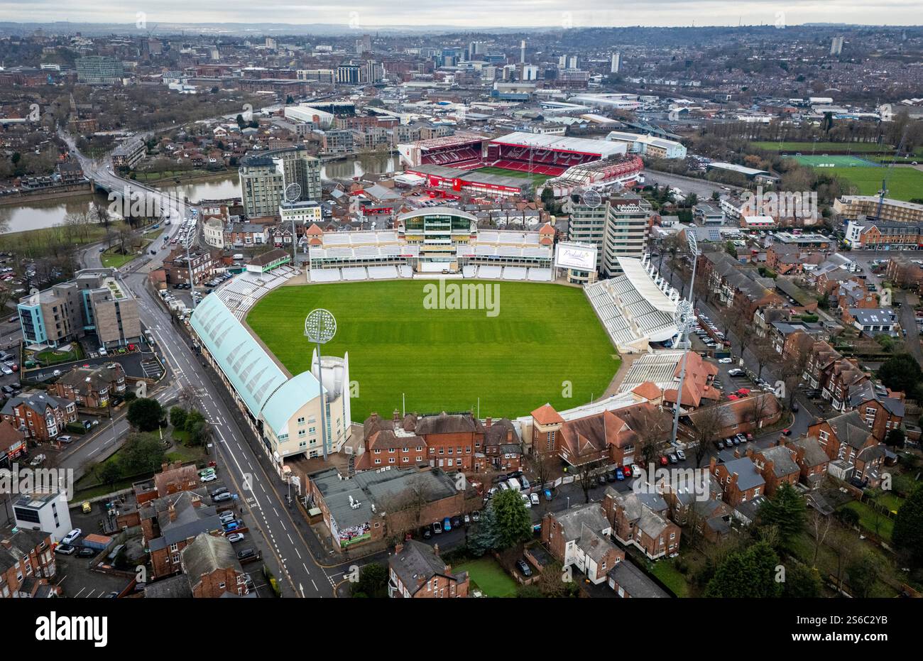 Nottingham, UK. 14th Jan, 2025. Aerial sky view above Trent Bridge ...