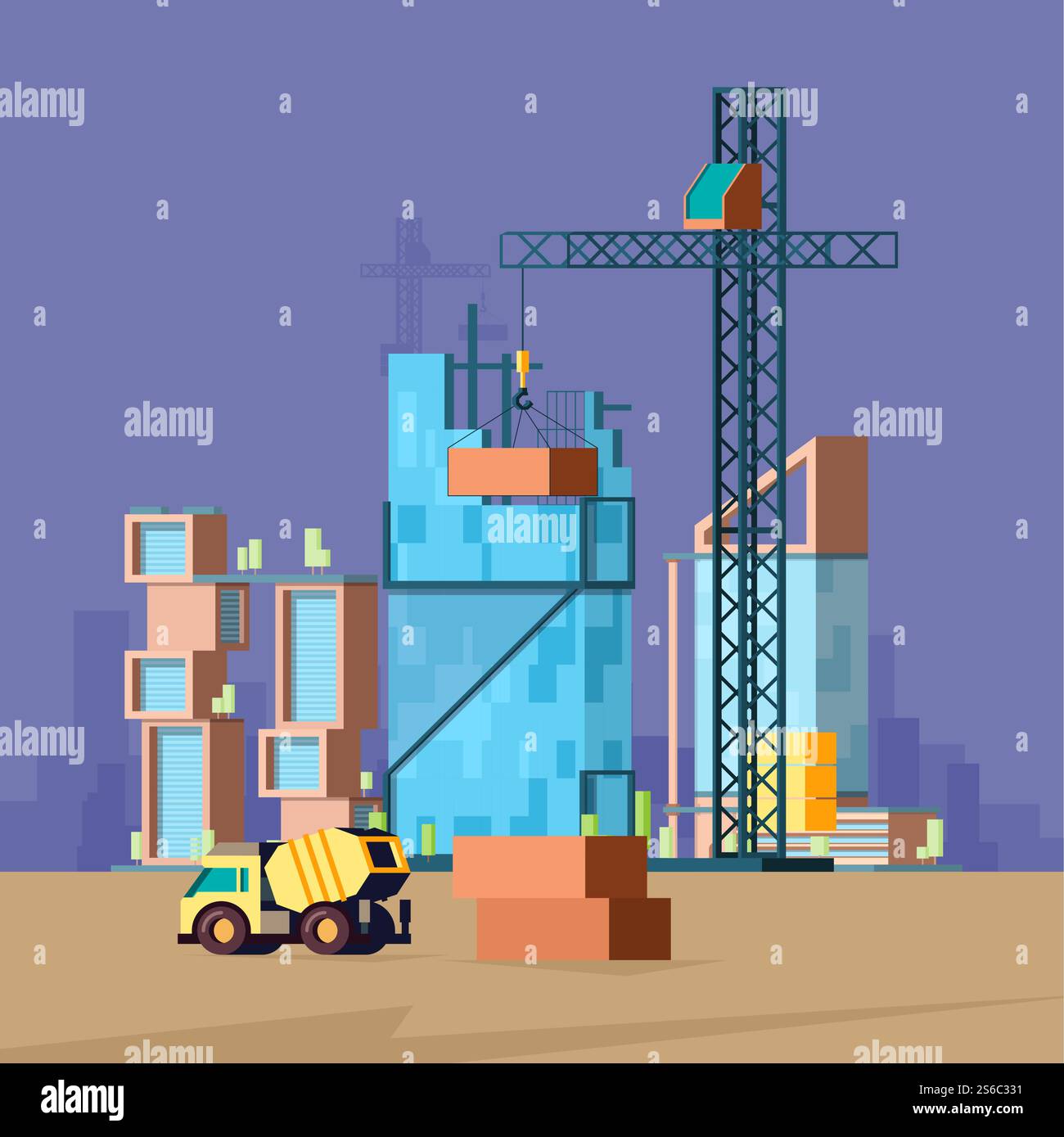 Construction flat. Vector low poly buildings production house builder ...