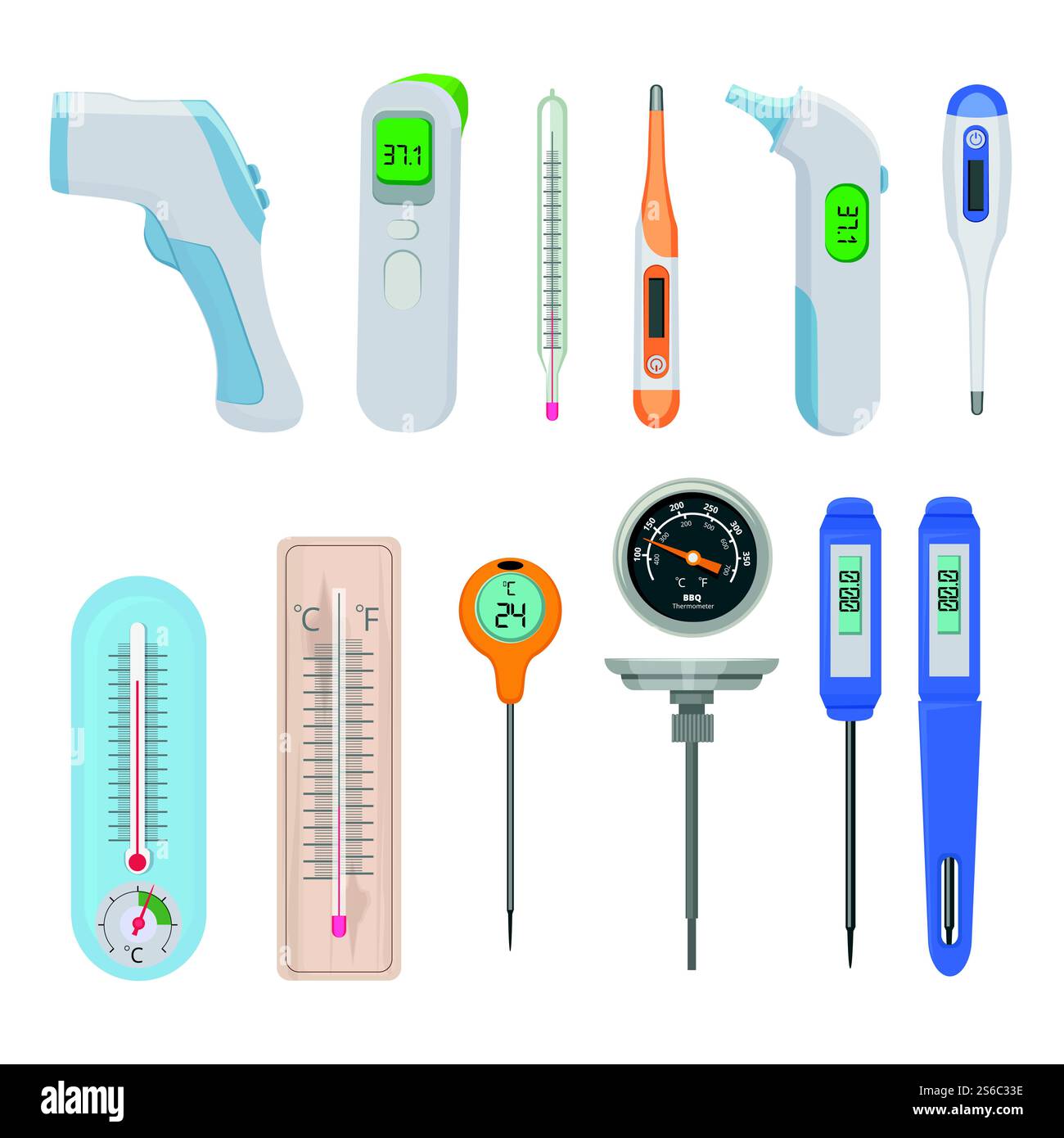 Thermometers. Difference hot and cold temperature measure counters ...