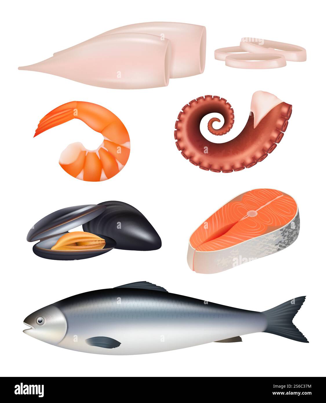 Seafood. Meal of fish octopus natural protein diet food vector 3d ...