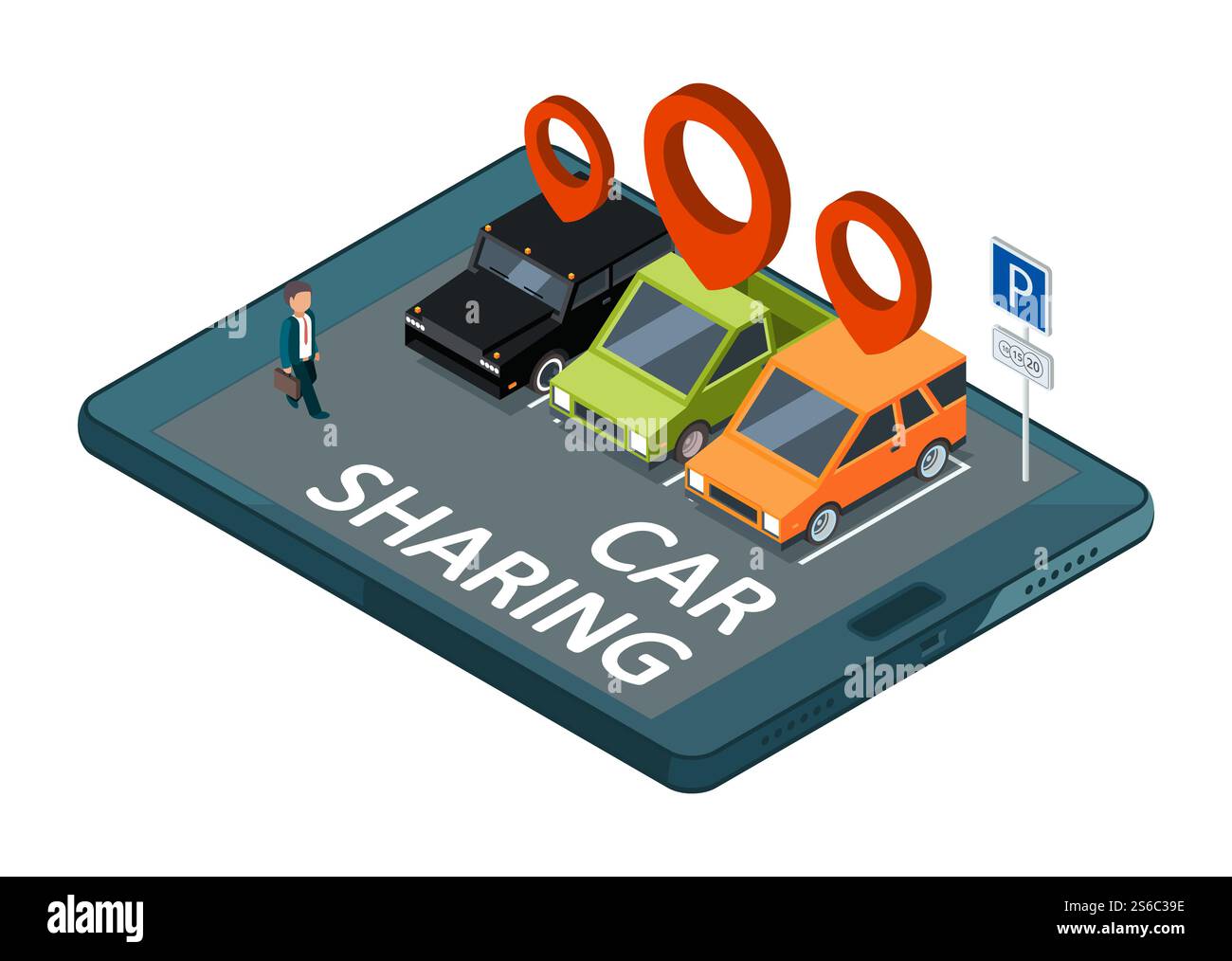 Isometric car sharing vector concept. Mobile app parking with cars and ...