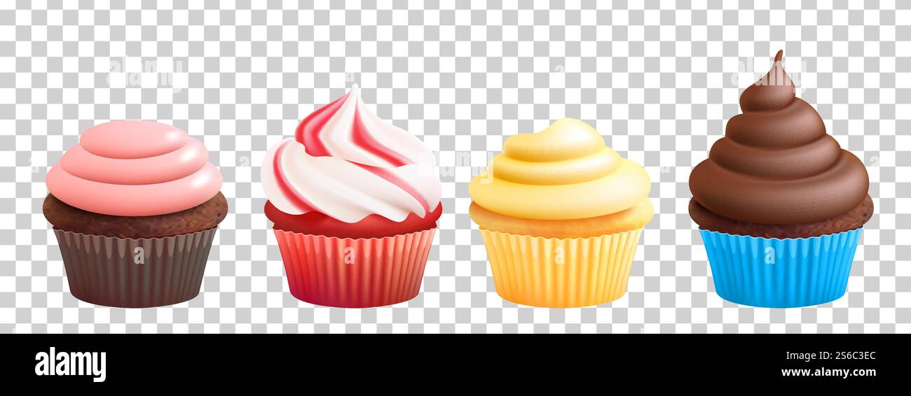 Realistic cupcakes with cream. Vector muffins isolated on transparent ...