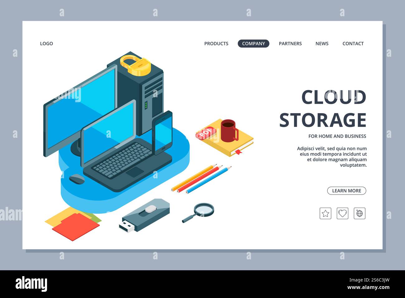 Cloud storage landing page. Isometric storage of information and data vector web page template ...