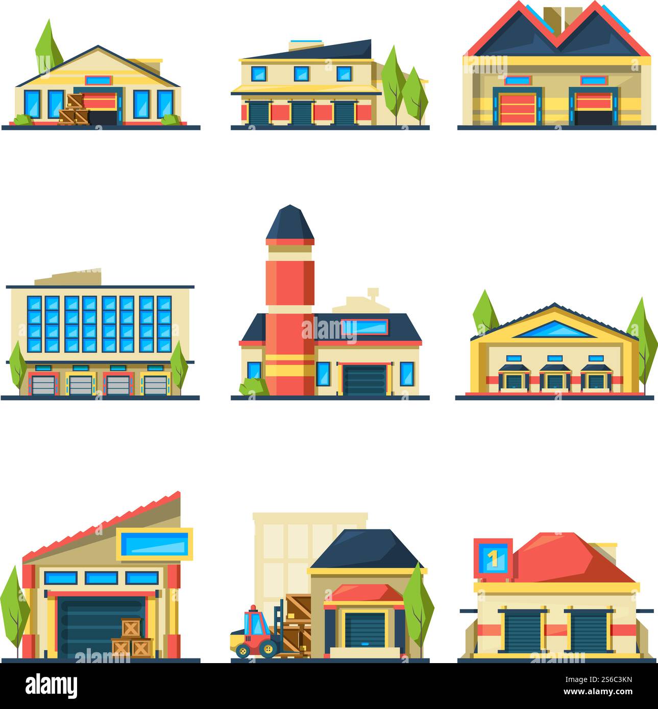 Warehouse. Flat facade buildings of store or factory warehouse exterior ...