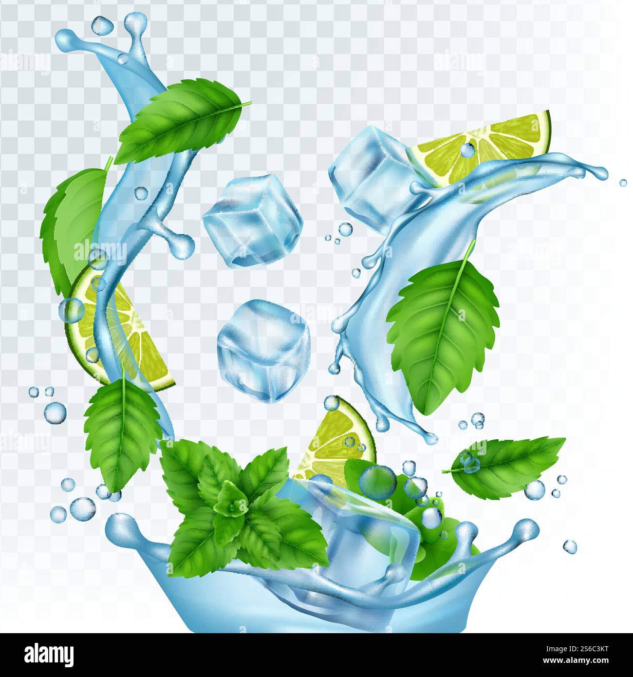 Fresh drink vector illustration. Realistic water, ice cubes, mint leaves and lime isolated on ...