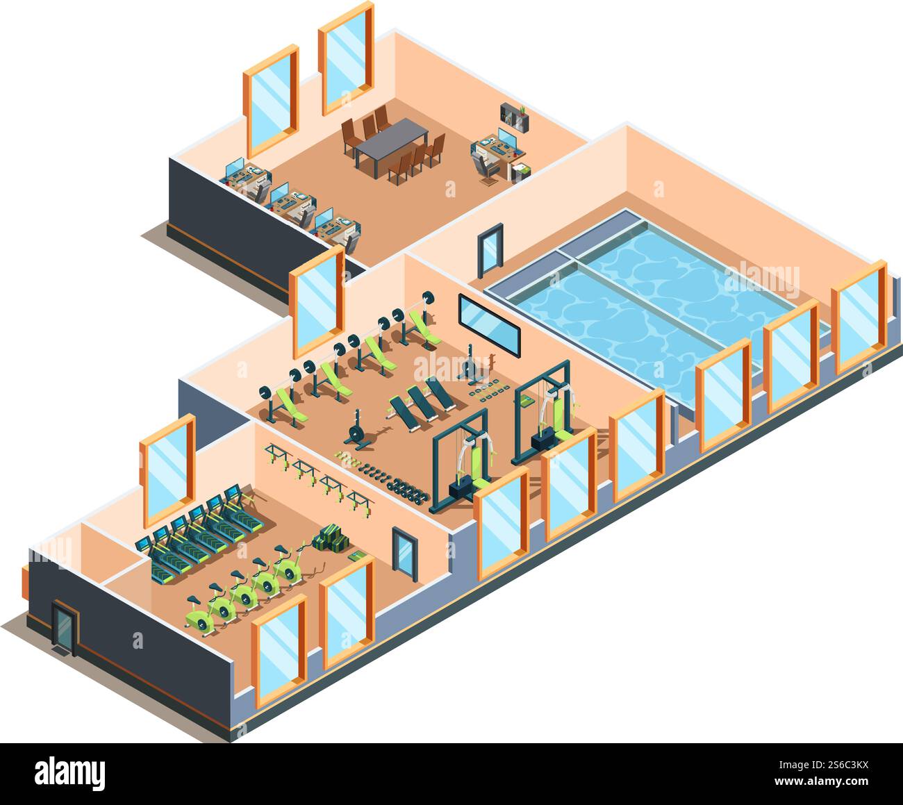 Fitness center. Gym club and pool interior rooms with equipment cardio ...