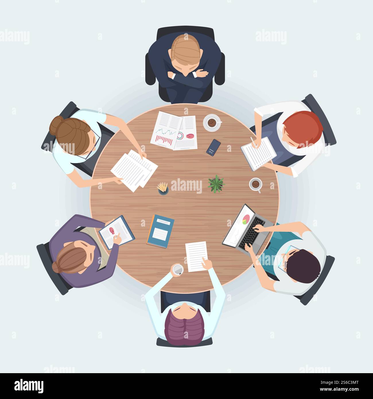 Round table top view. Business people sitting meeting corporate ...