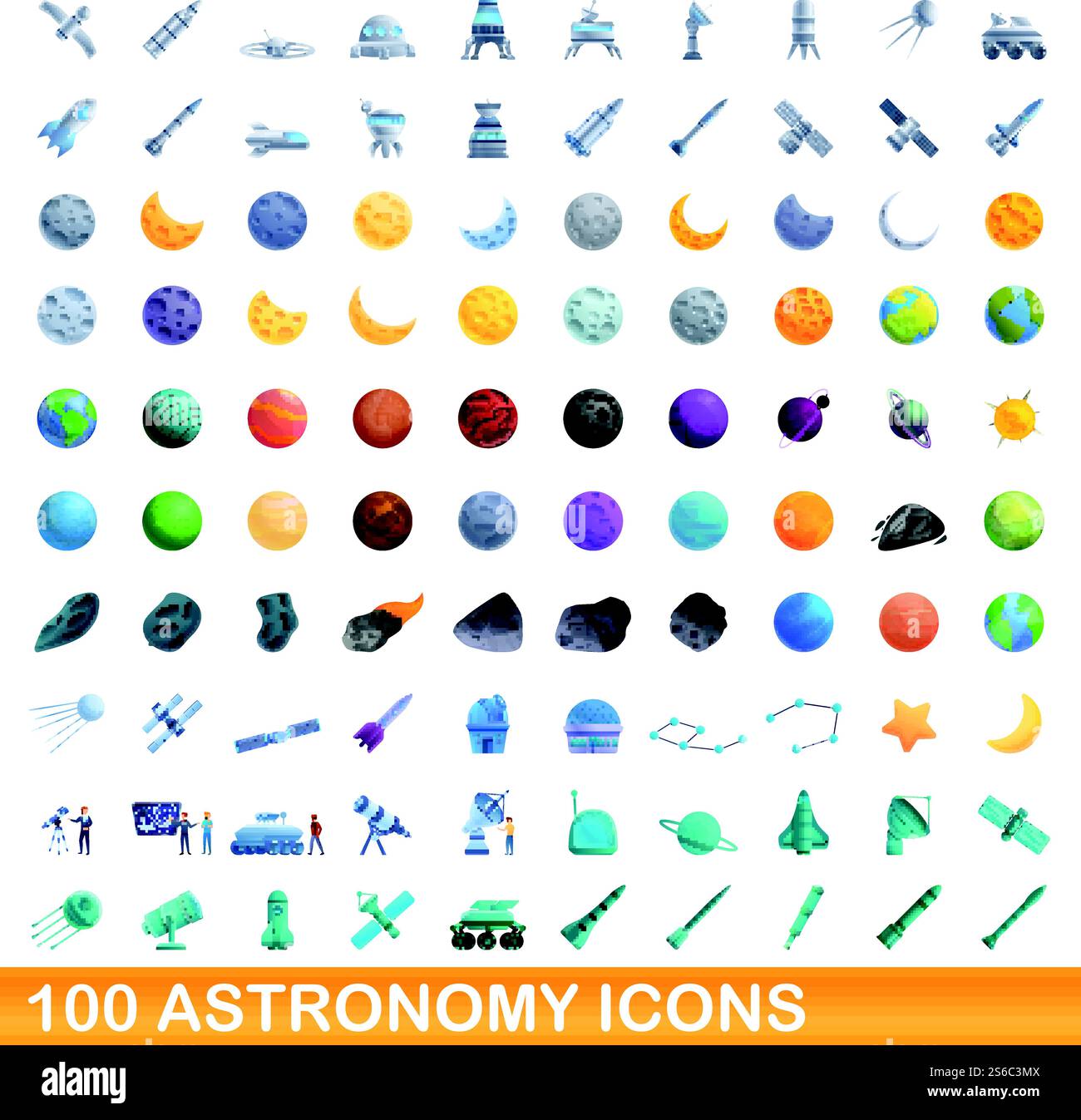 100 astronomy icons set. Cartoon illustration of 100 astronomy icons ...