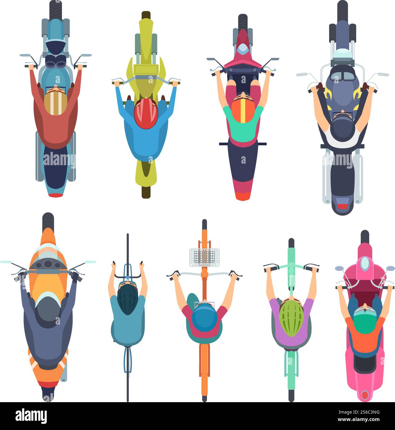 Bicycle top view. People driving bike in helmet riders moped and cycle ...