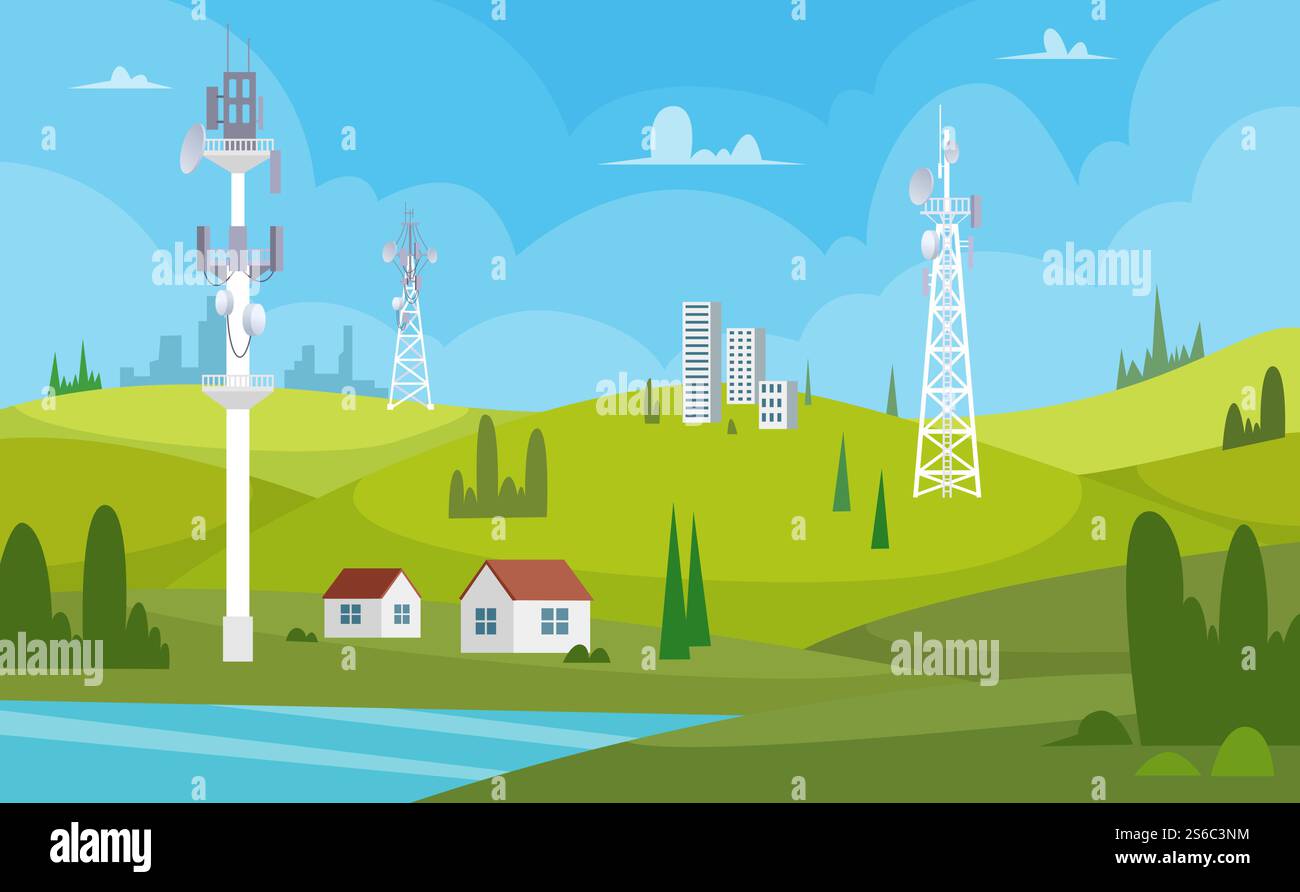 Communication towers. Wireless antennas cellular wifi radio station broadcasting internet ...