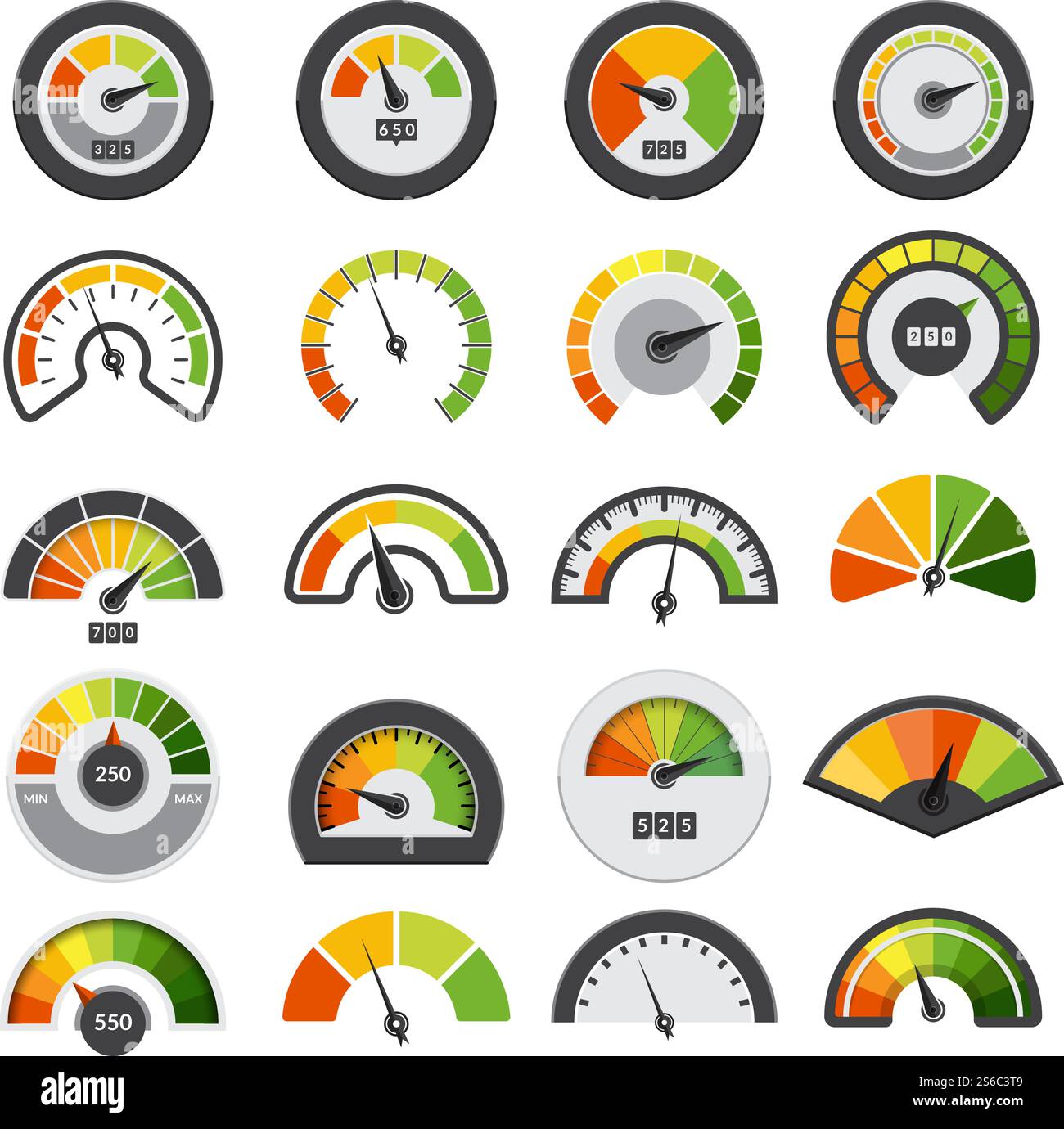 Speedometers collection. Symbols of speed score measuring tachometer ...