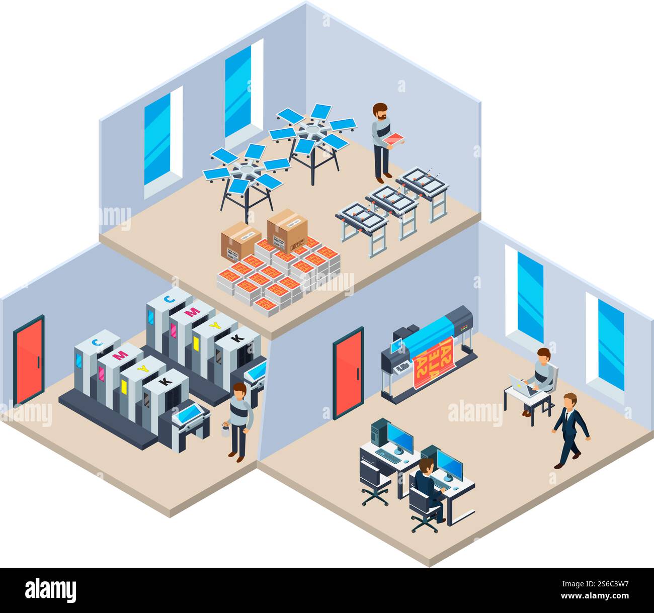 Printing house. Production industry polygraphy print technology company vector interior of ...