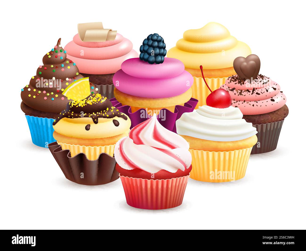 Realistic cupcakes with fruits, cream, chocolate, cherry vector ...