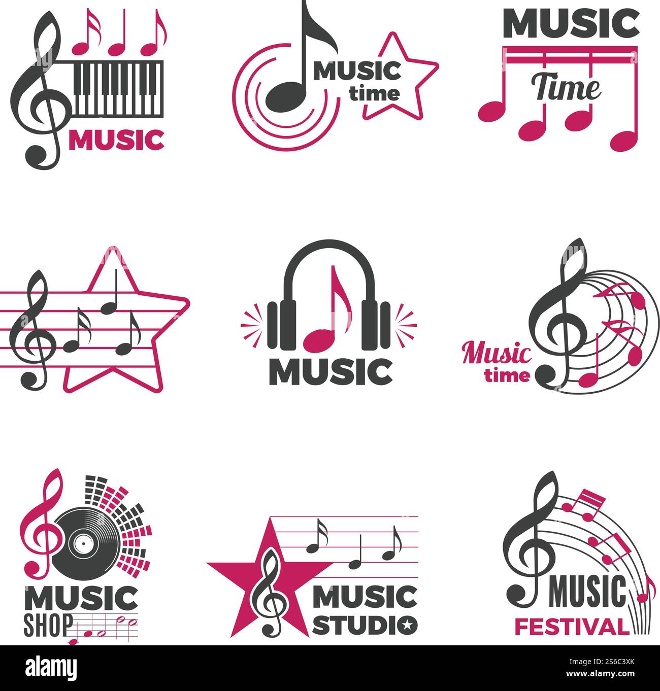 Music notes logo. Badges with song and sound symbols audio podcast ...
