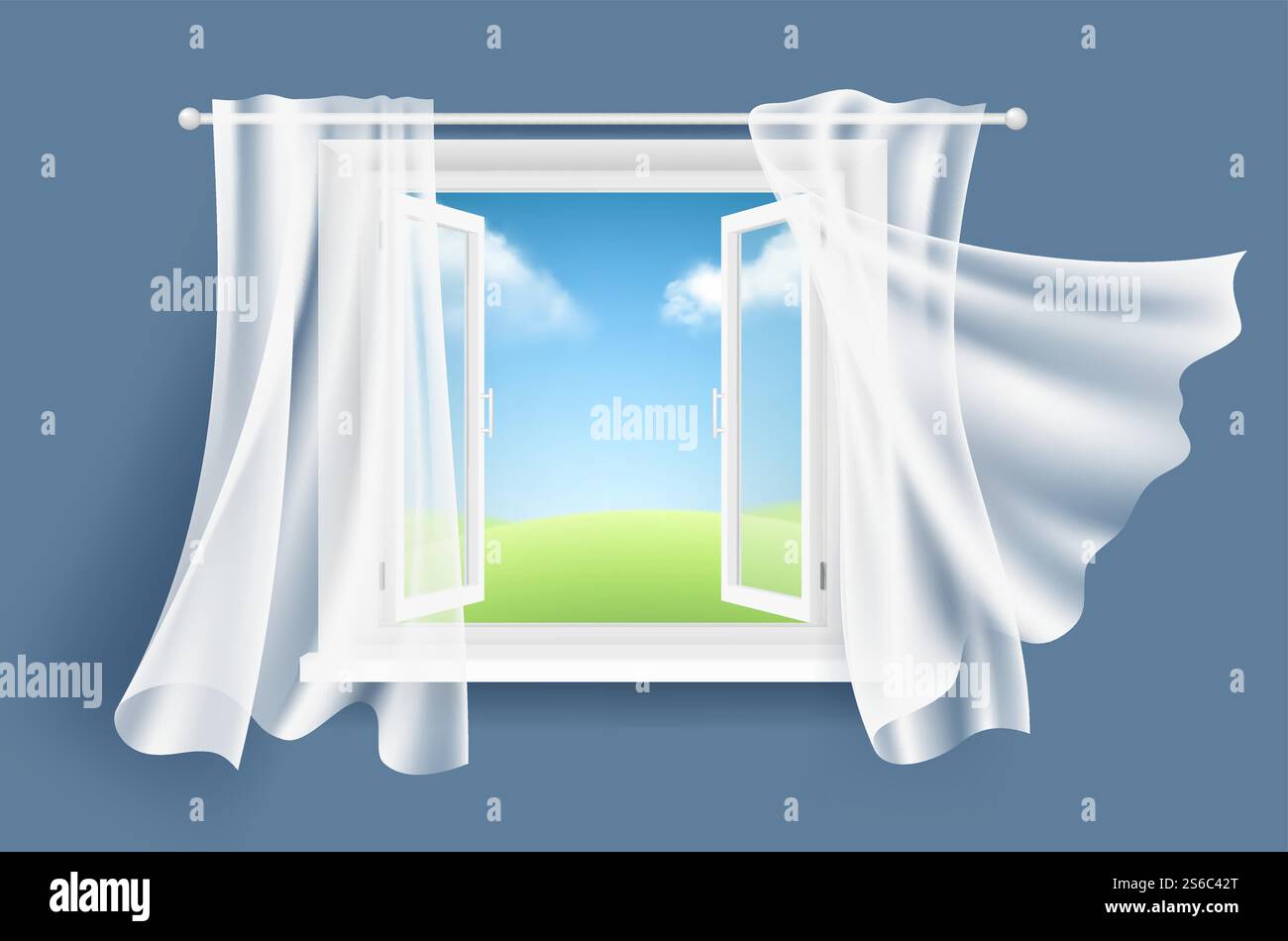 Open window with curtains. Sunny background with glass light window and flowing fluttering ...