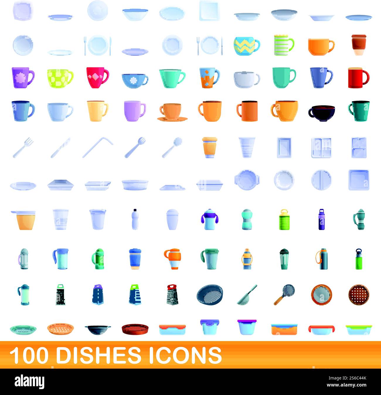 100 dishes icons set. Cartoon illustration of 100 dishes icons vector ...