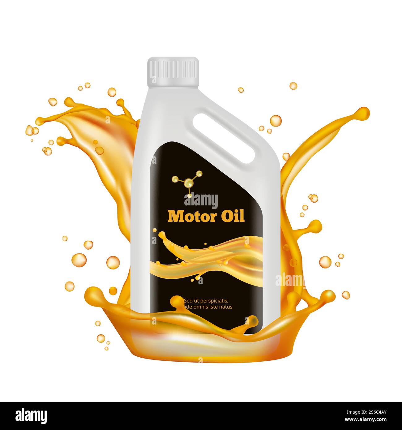 Engine oil bottle. Vector gold oil splashes isolated on white ...