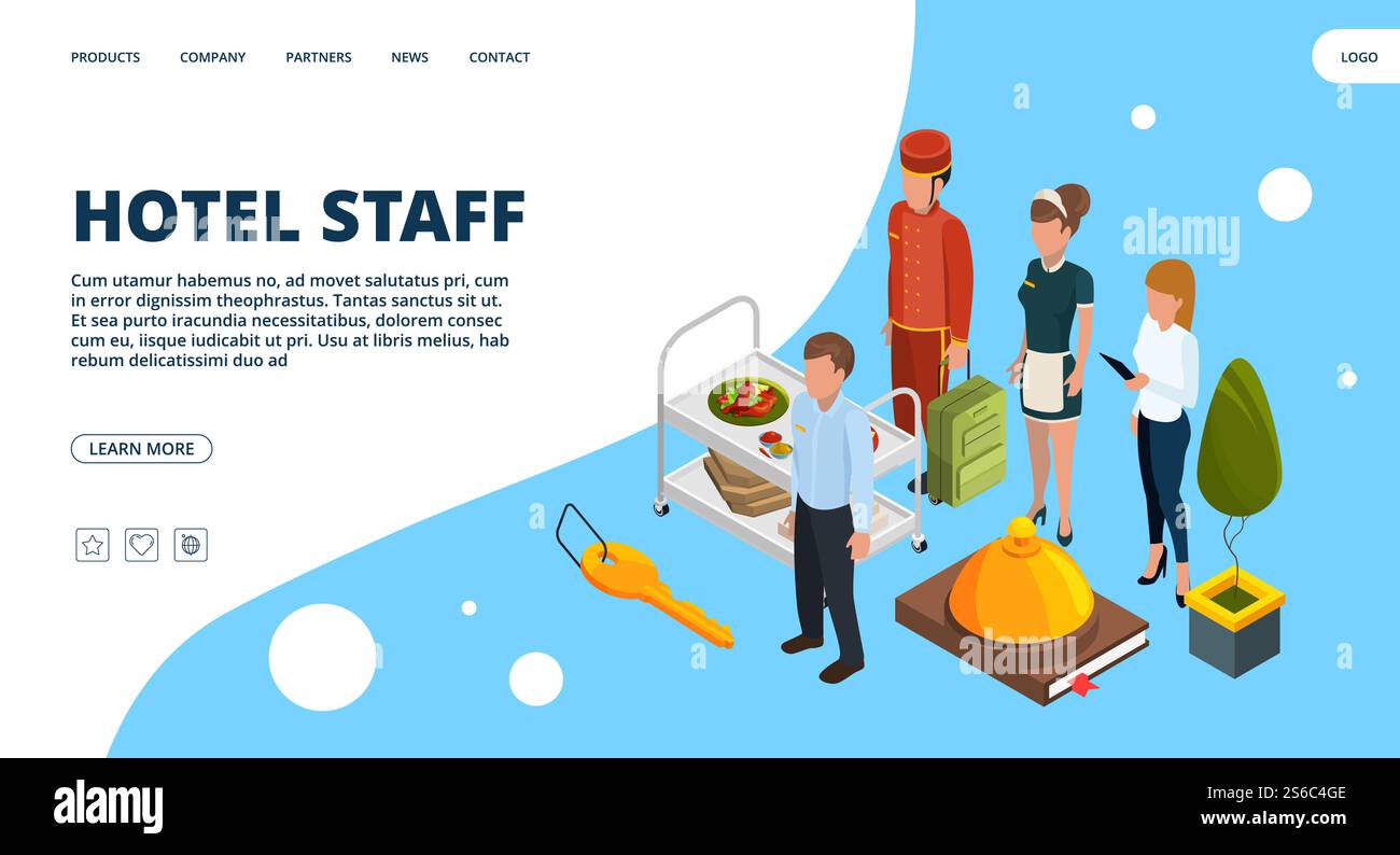 Hotel staff landing page. Vector isometric hospitality concept ...