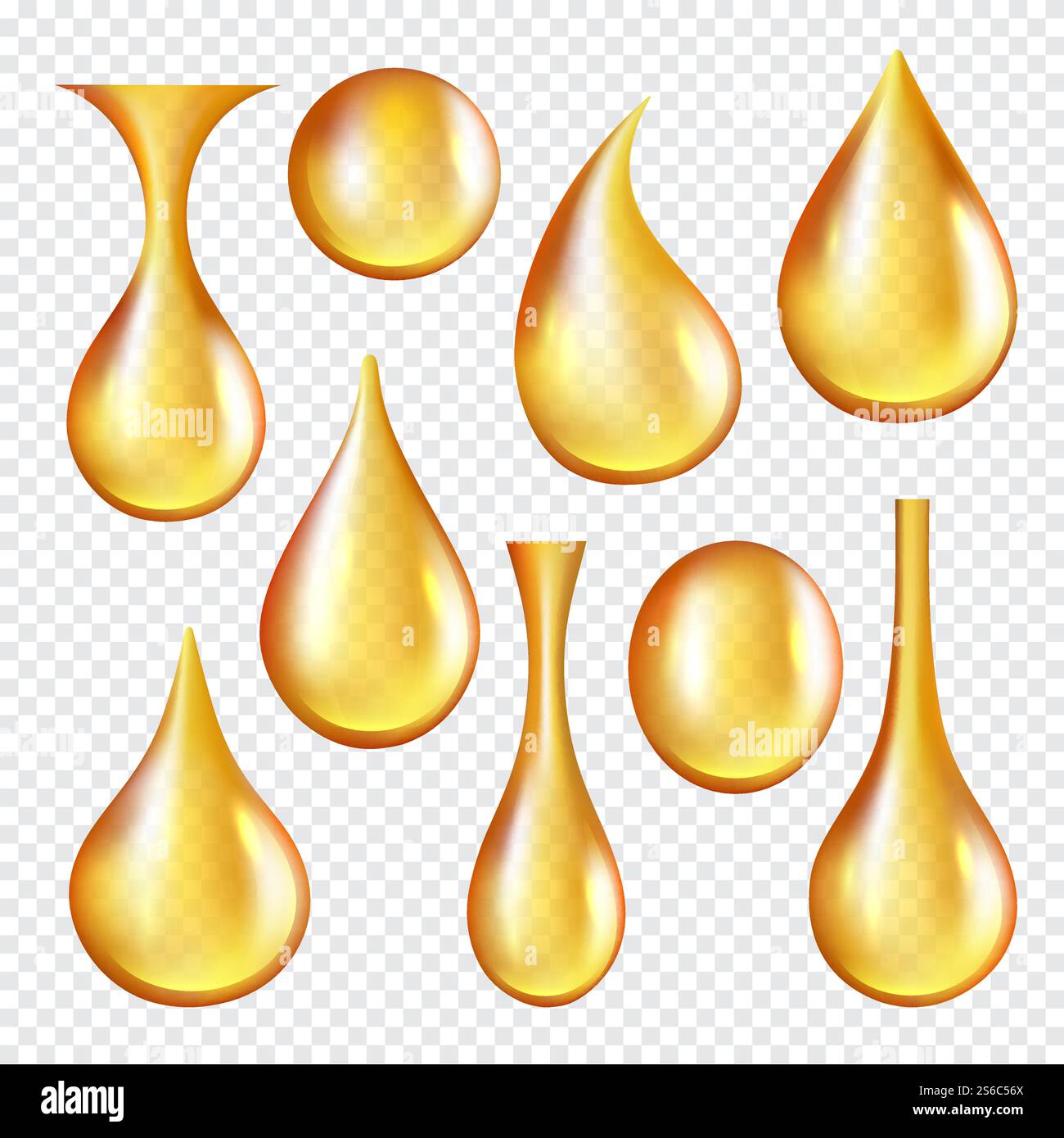 Oil transparent drops. Yellow liquid golden oil vector realistic collection of splashes ...
