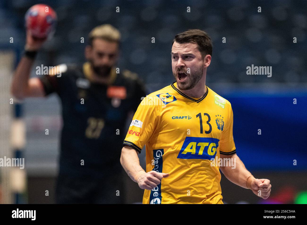 Sebastian Karlsson of, Sweden. , . celebrates during the 2025 IHF World ...
