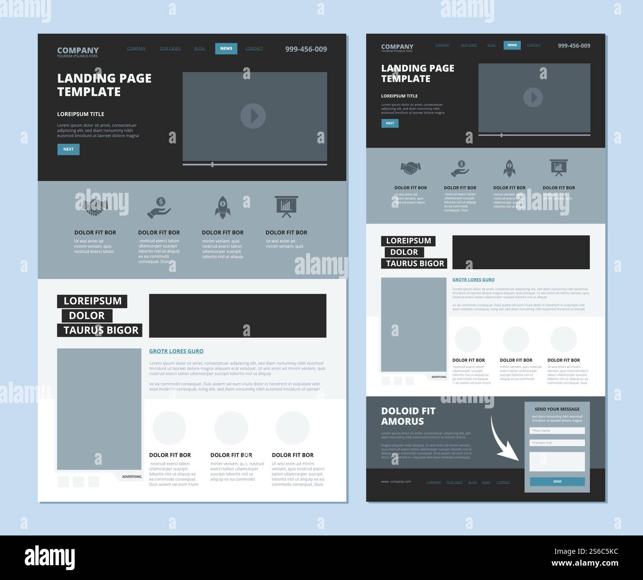 Landing wireframe. Internet web page ui template menu navigation video gallery and footer ...