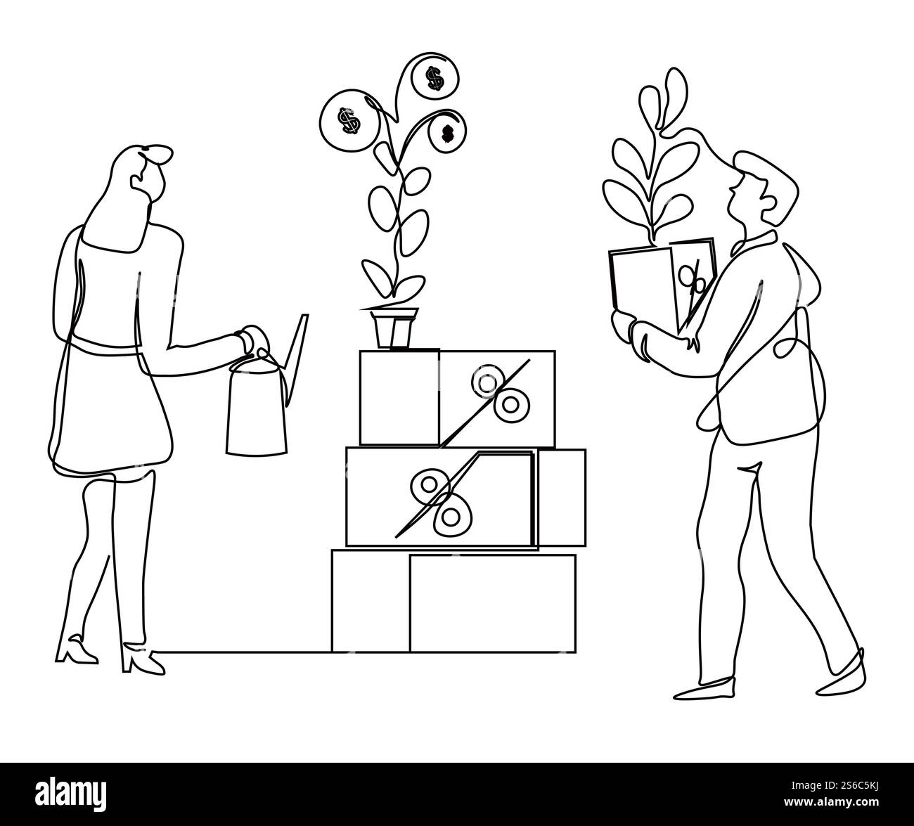 Percentage growing concept, plants in pot, profit growth isolated ...