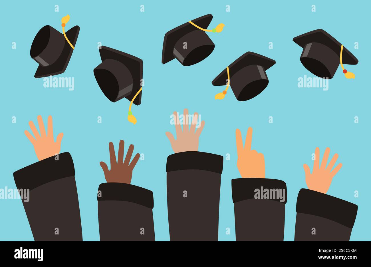 Students throw graduation caps into the air vector background. Illustration of celebration ...