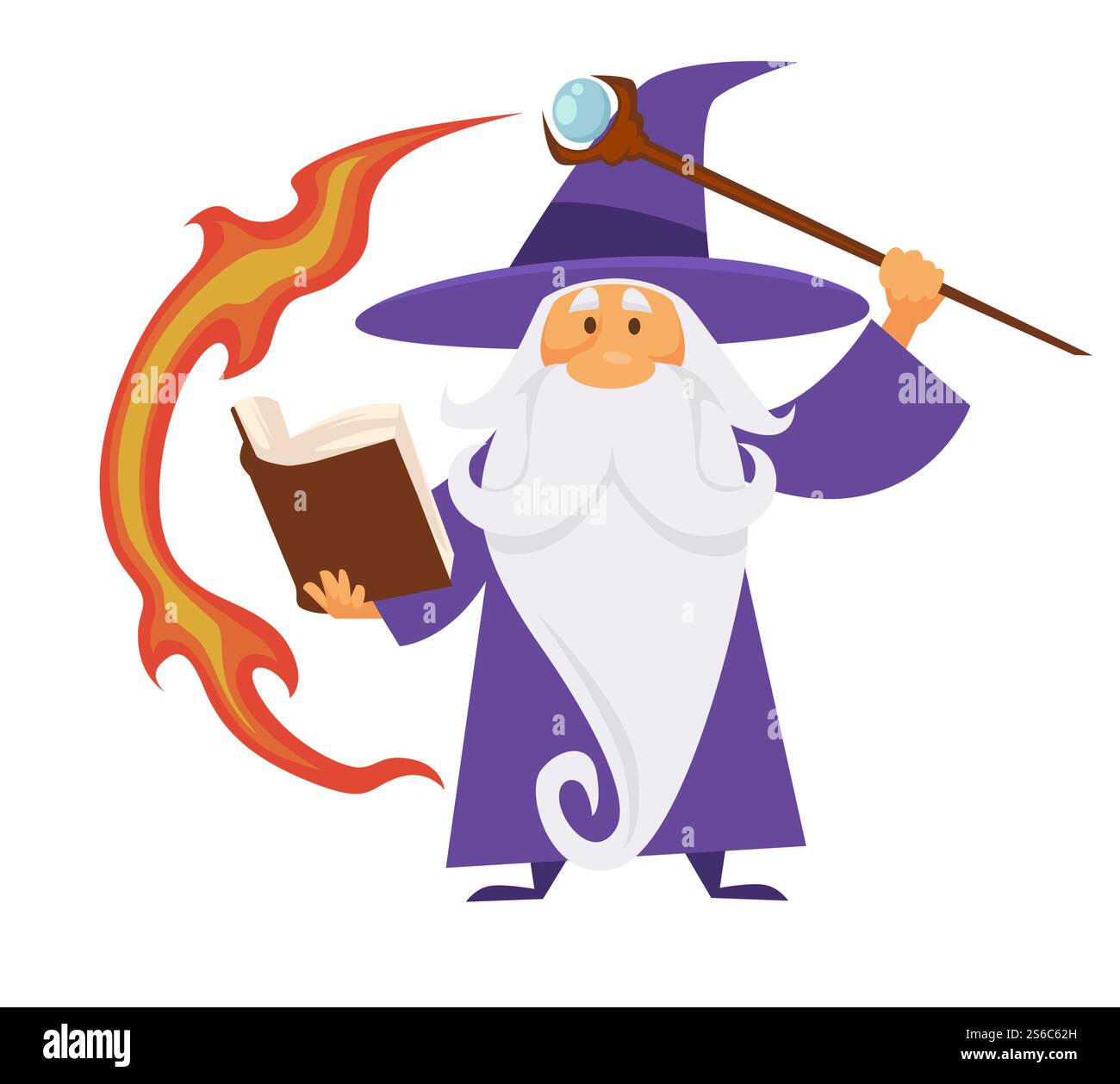 Wizard, old witch man in robe with scepter and flame trace, magic spell ...
