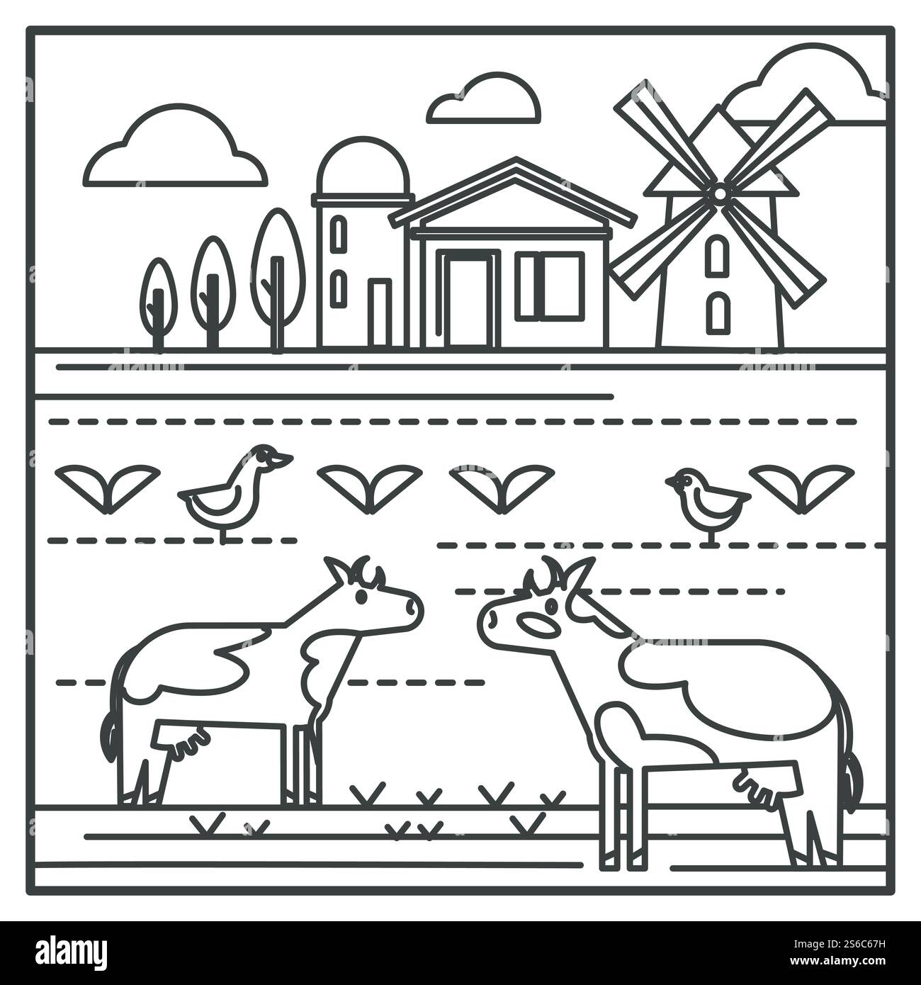 Farm landscape, summer farmland scenery with mill, cattle and poultry ...
