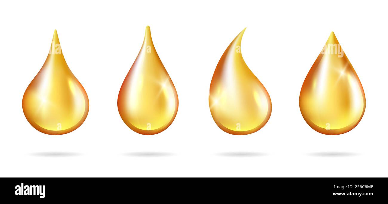 Shine yellow droplets. Realistic oil drops isolated on white background ...