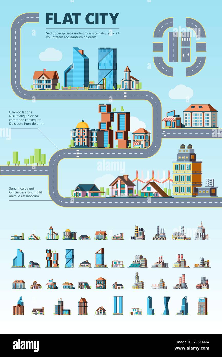 Flat city infographic. Cityscape municipal buildings urban road ...