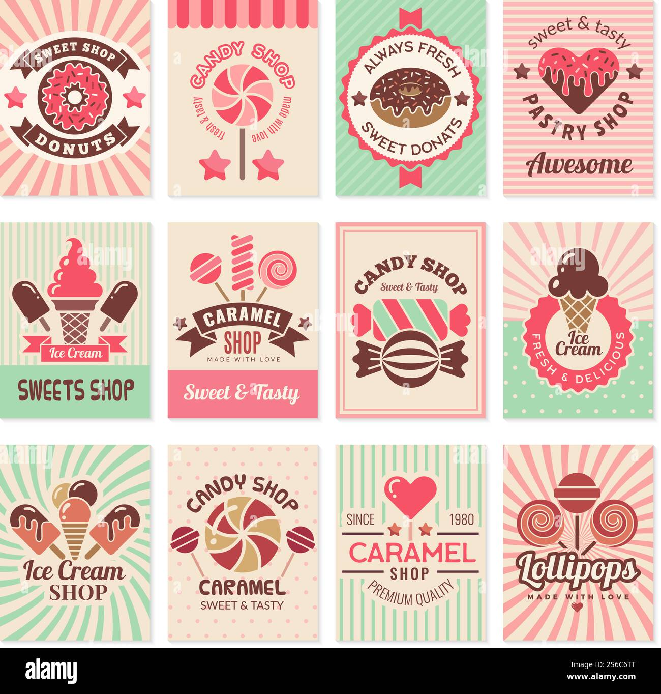 Candy shop cards. Sweet food desserts confectionary symbols for ...