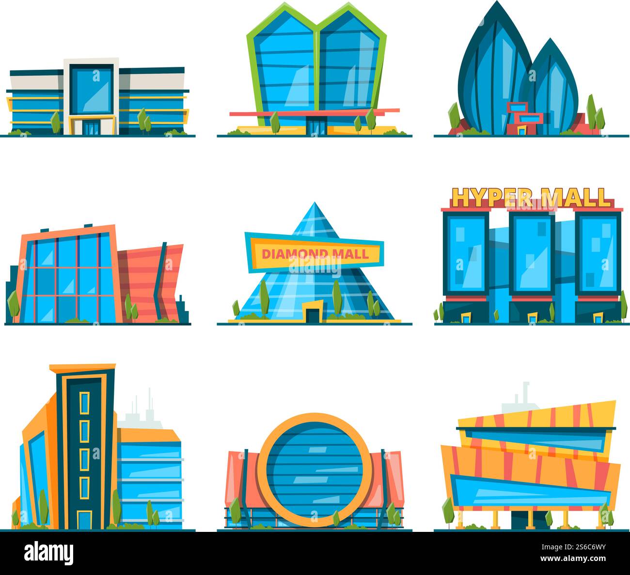 Mall flat. Big urban store buildings hypermarket shopping houses vector ...