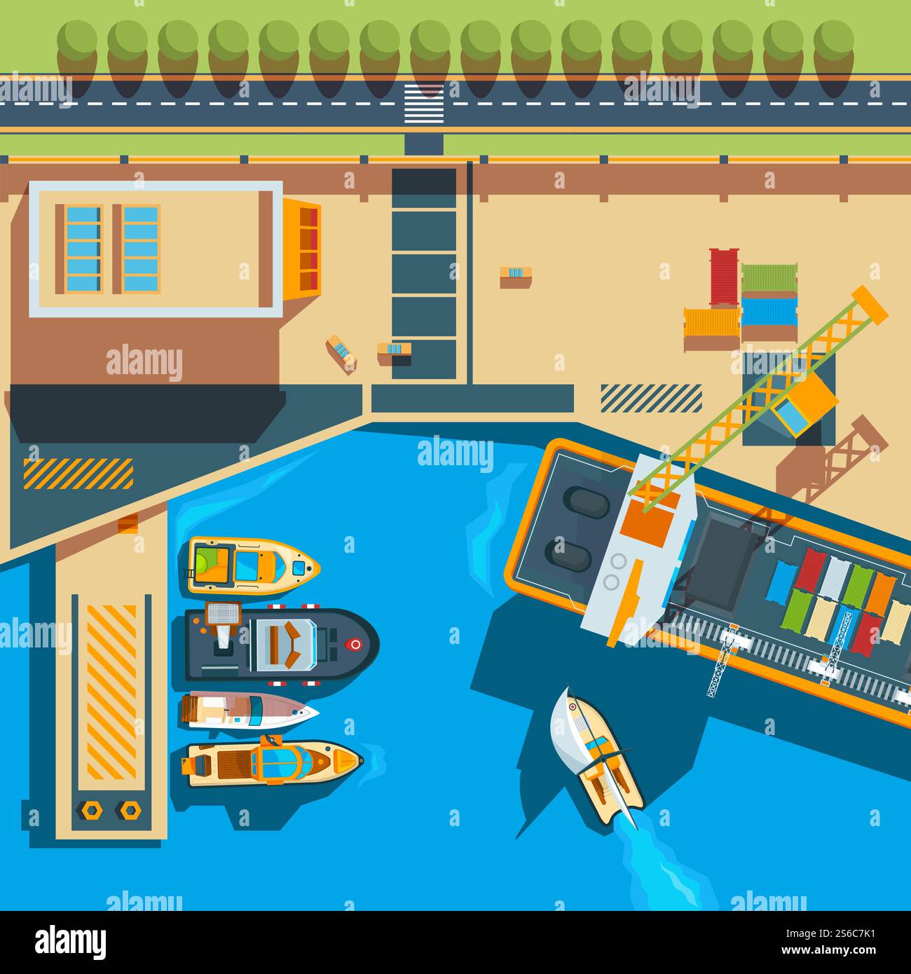 Ship top view. Seaside cargo boats dockyard terminal vector map above ...