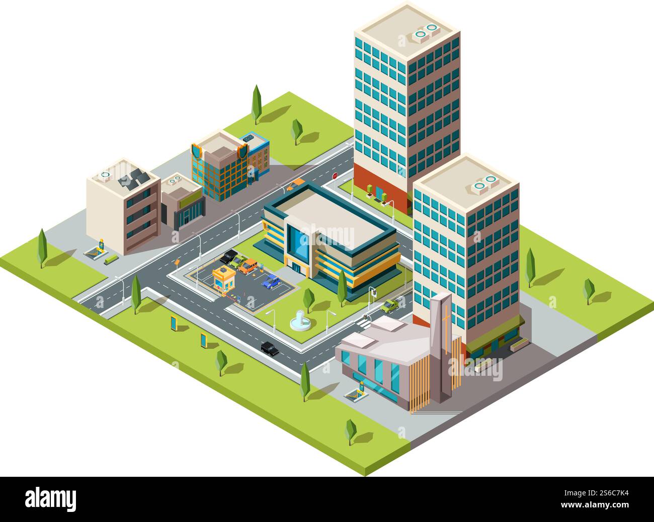 City mall. Urban isometric landscape with big modern building of retail ...