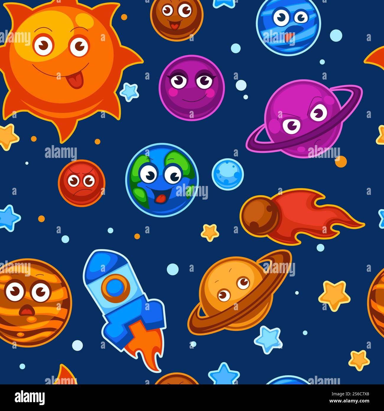 Solar system planets sun in galaxy cosmos characters vector seamless ...