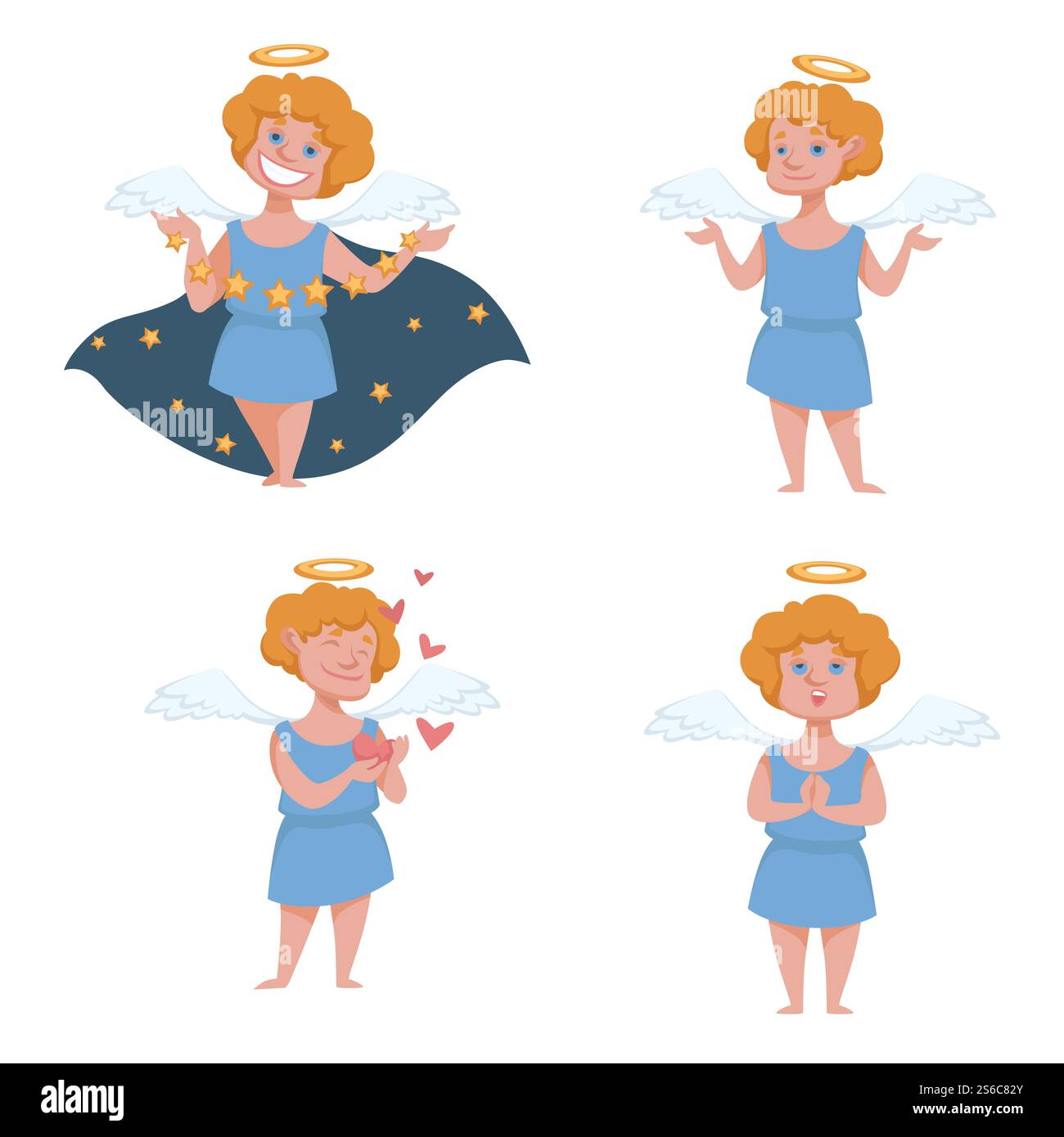 Cupid or angel with gold halo and wings night sky cloak vector stars on ...