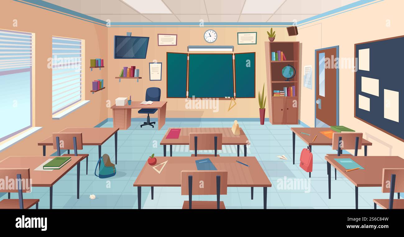 Classroom interior. School or college room with desks chalkboard ...
