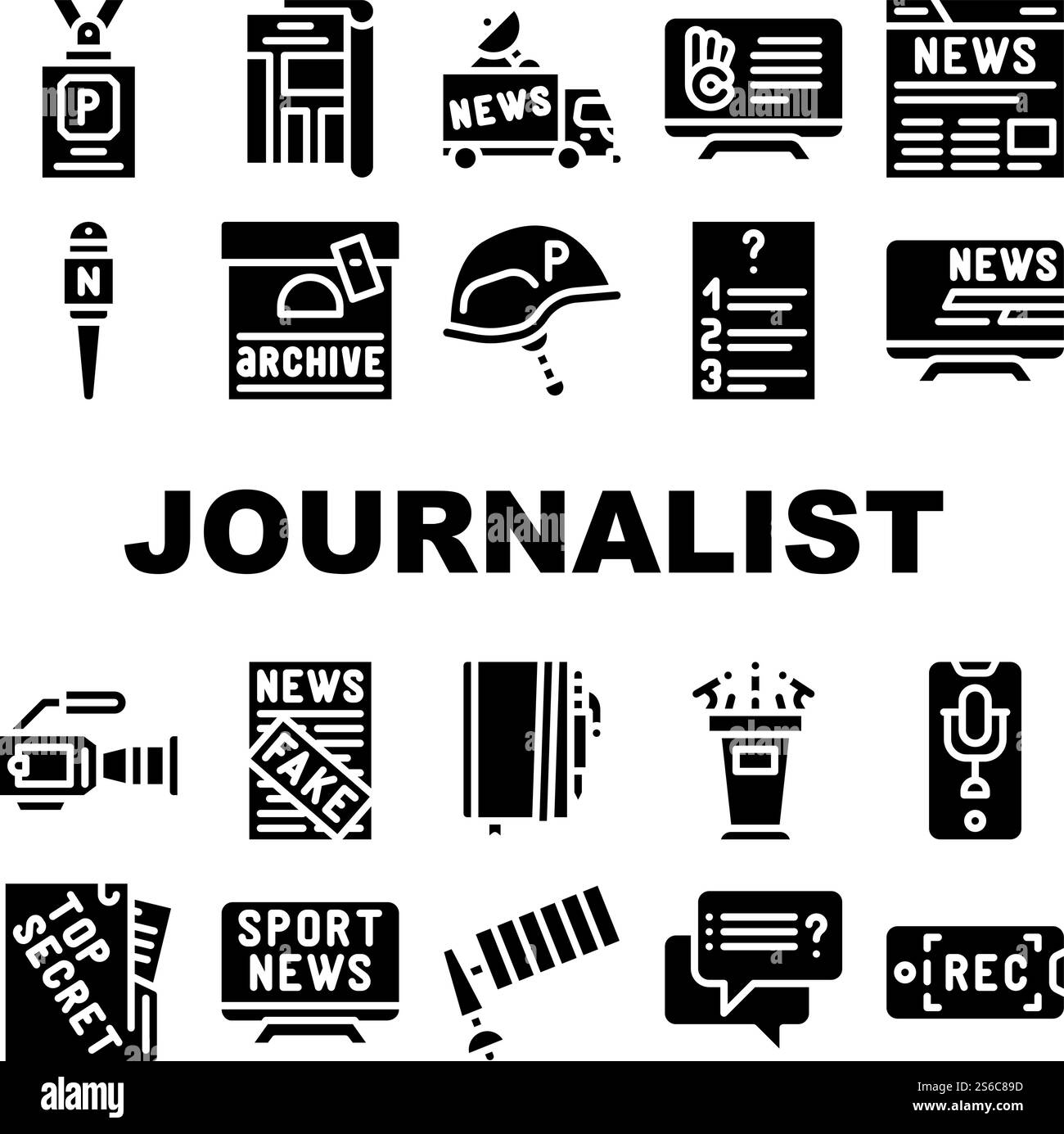 Journalist Accessories Collection Icons Set Vector. Journalist Badge ...
