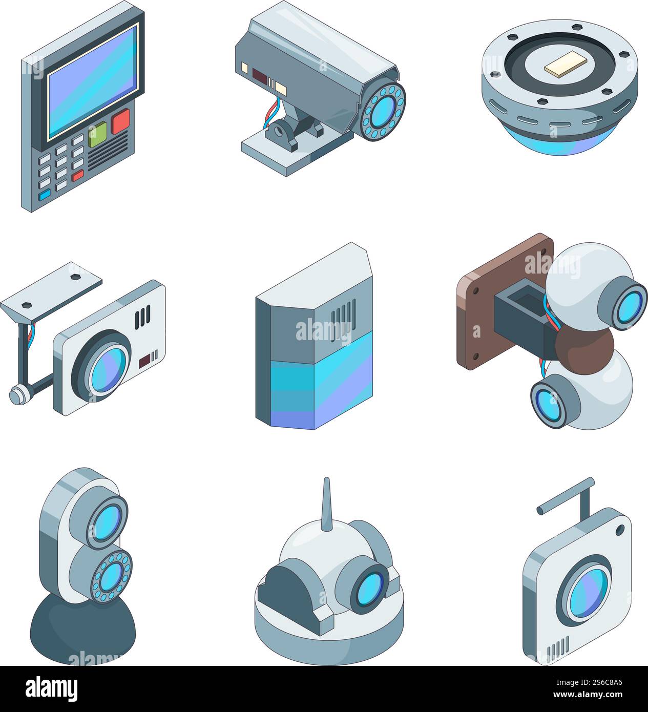 Secure cam isometric. Cctv home security cameras electronic systems vector 3d illustrations ...