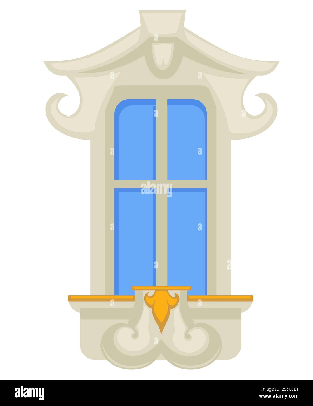 Rococo style window with gold decor on windowsill and antique frame ...