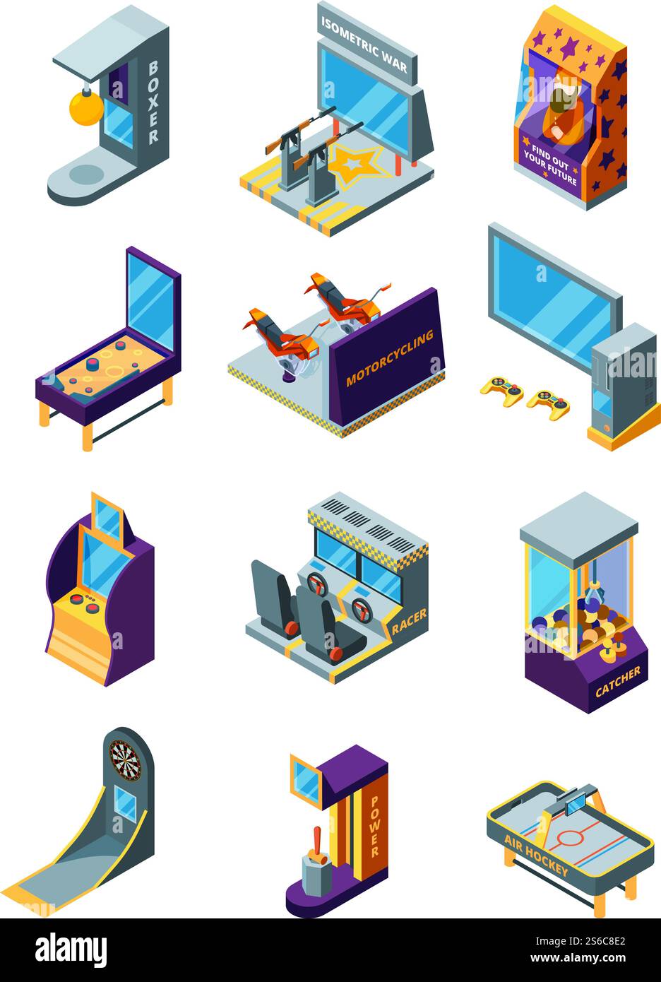 Game machines. Race simulator darts arcade funny games for kids pinball amusement park vector ...